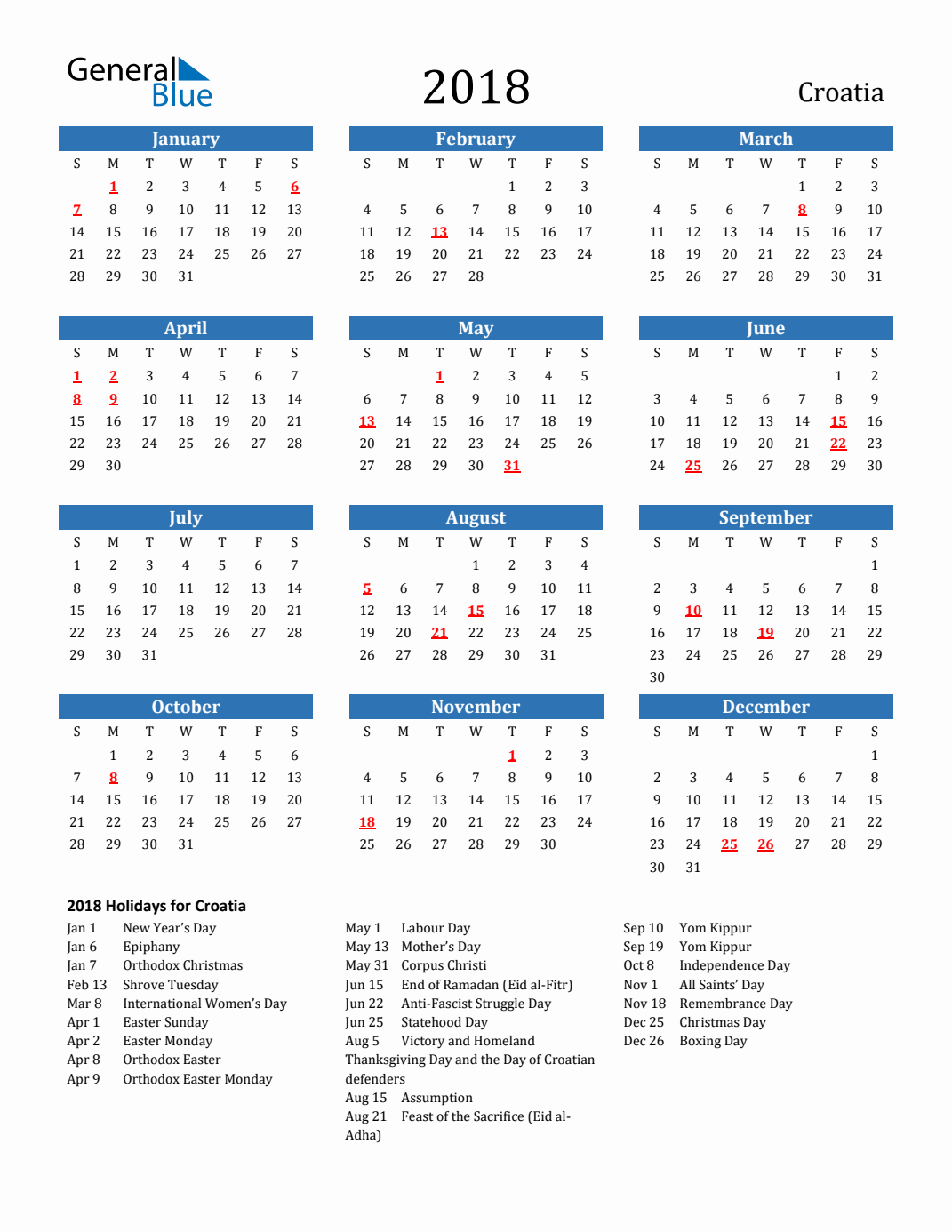 2018 Croatia Calendar with Holidays (Monday Start)