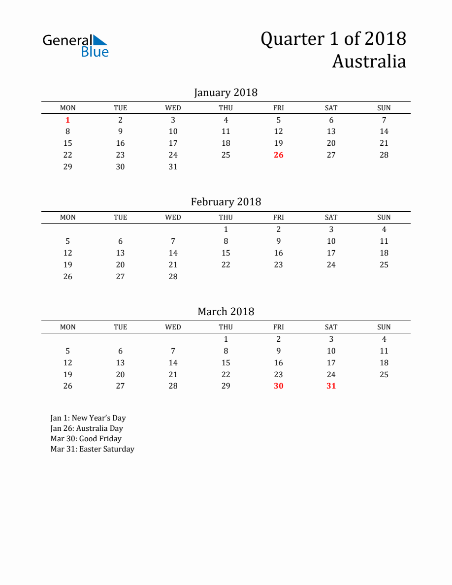 Quarter 1 2018 Australia Calendar - Monday Start