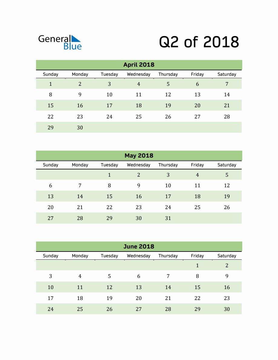 Downloadable Q2 2018 Quarterly Calendar in PDF, Word, and Excel