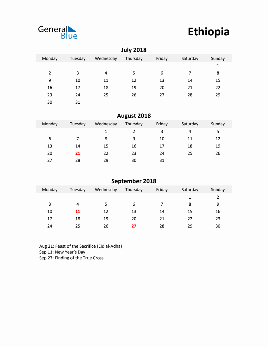Printable Quarterly Calendar with Notes and Ethiopia Holidays- Q3 of 2018