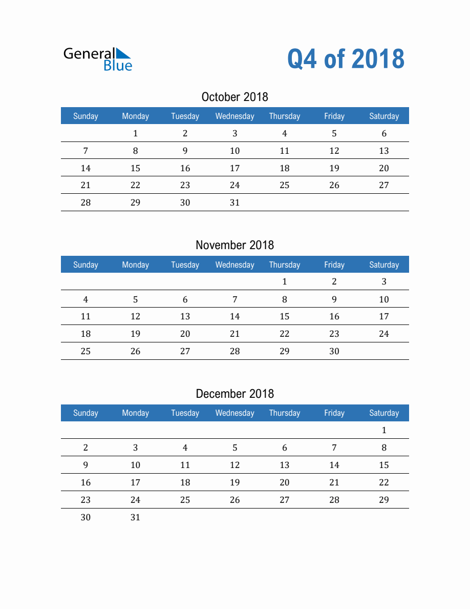 Blank Fillable Quarterly Calendar for Q4 2018 (PDF, Word, Excel)