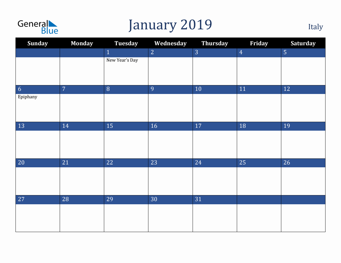 January 2019 Italy Holiday Calendar