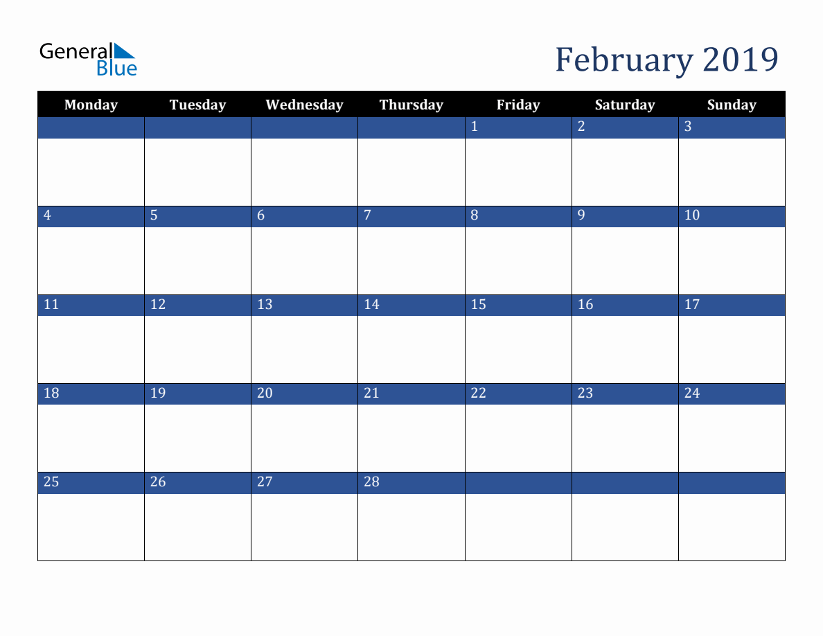 February 2019 Downloadable Monday Start Calendar