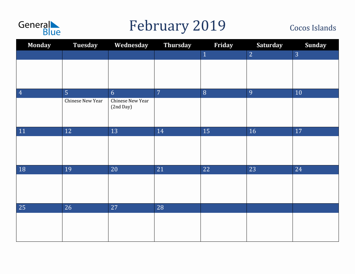 February 2019 Cocos Islands Holiday Calendar