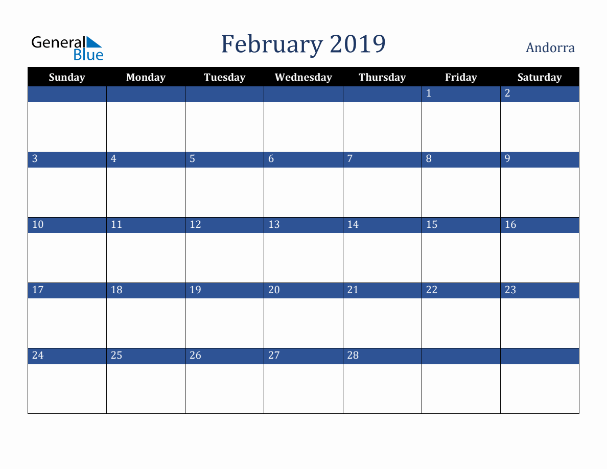 February 2019 Andorra Holiday Calendar