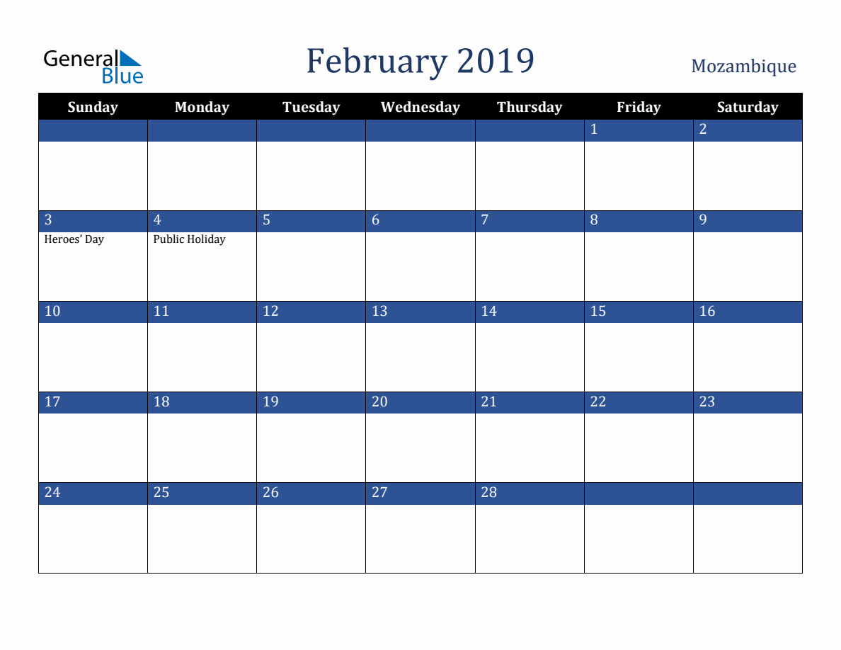February 2019 Mozambique Holiday Calendar