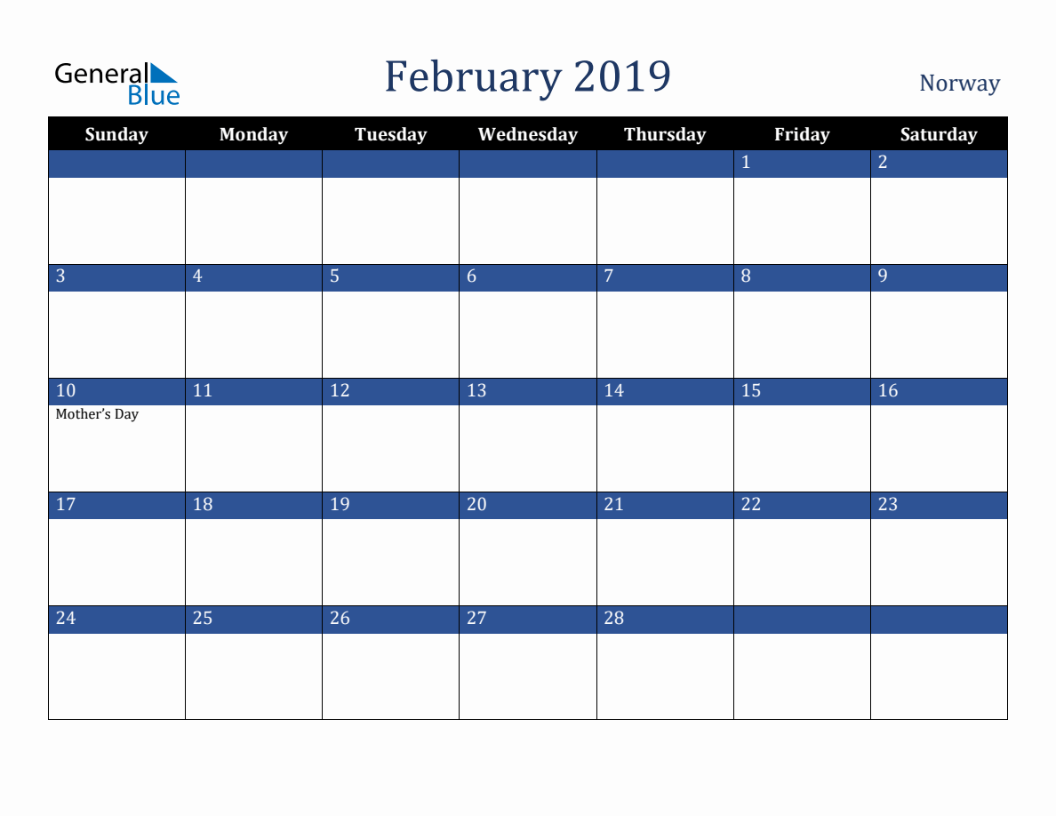 February 2019 Norway Holiday Calendar
