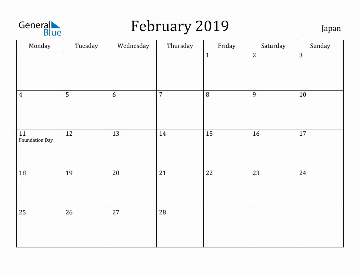 Japan Monthly Calendar - February 2019 (Monday Start)
