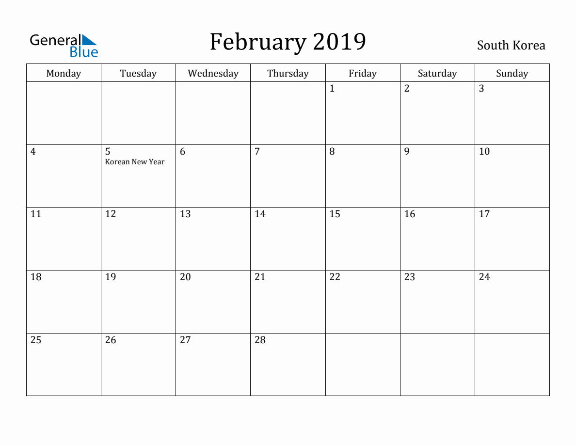 South Korea Monthly Calendar - February 2019 (Monday Start)