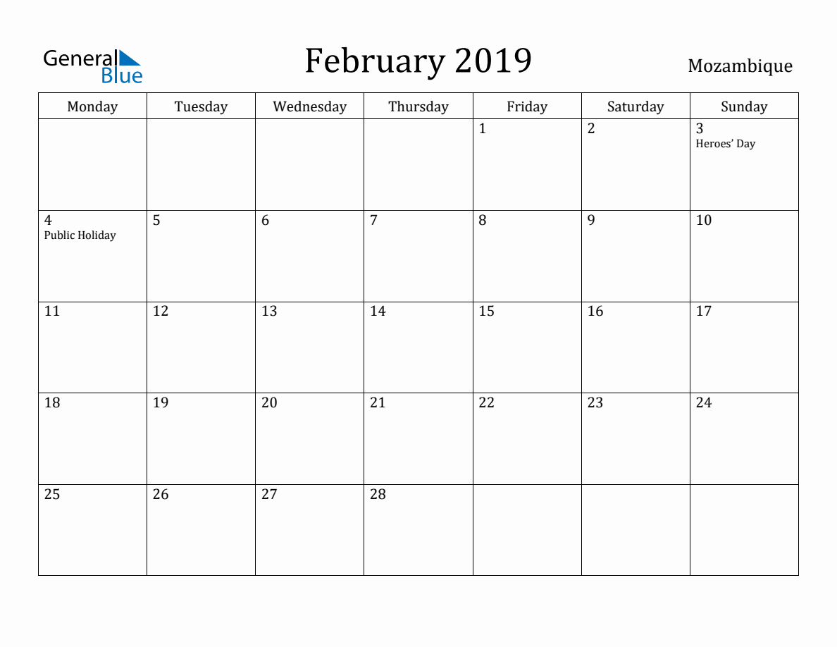 Mozambique Monthly Calendar - February 2019 (Monday Start)