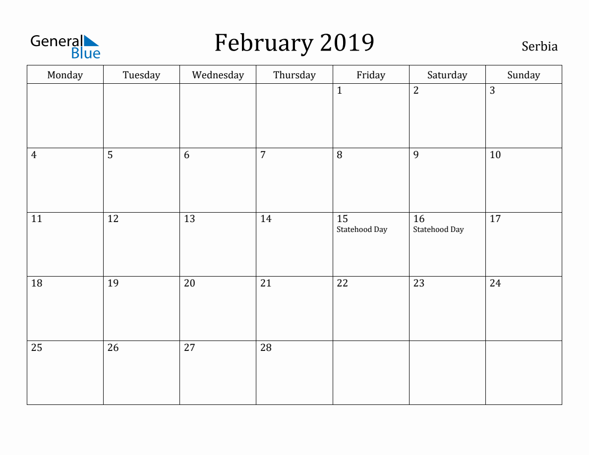 Serbia Monthly Calendar - February 2019 (Monday Start)