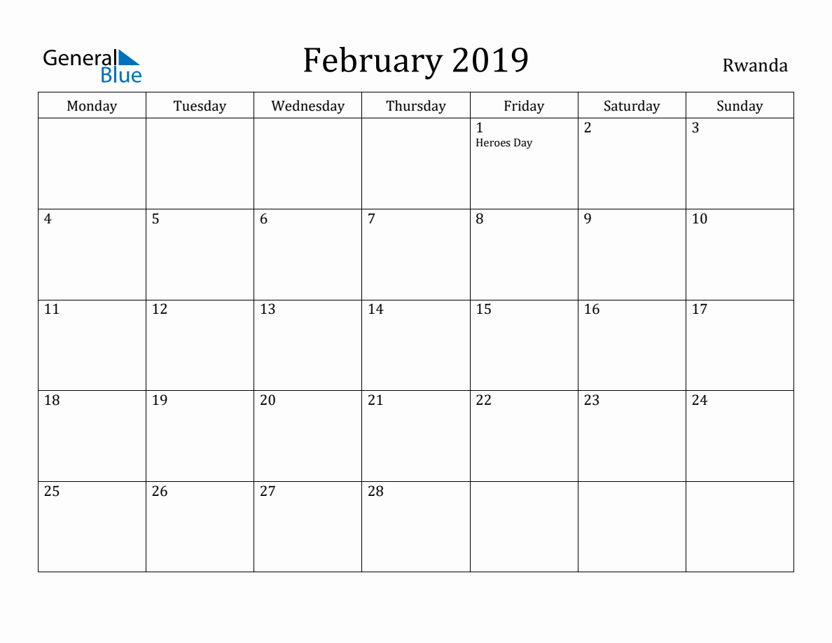 Rwanda Monthly Calendar - February 2019 (Monday Start)