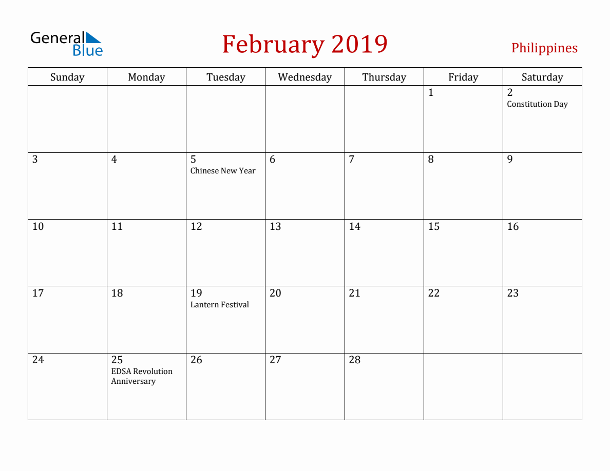 February 2019 Philippines Monthly Calendar with Holidays