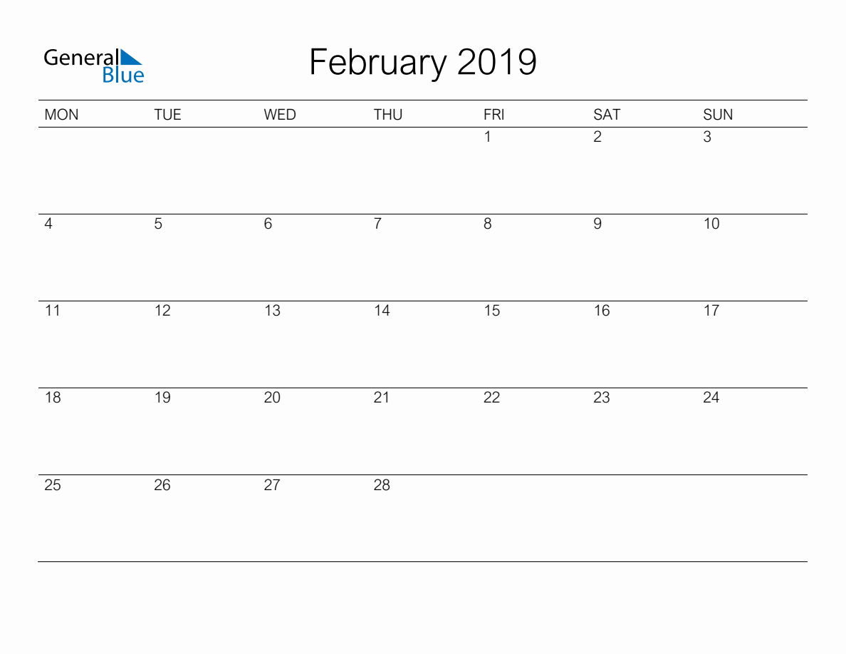 Printable February 2019 Monthly Calendar - Monday Start