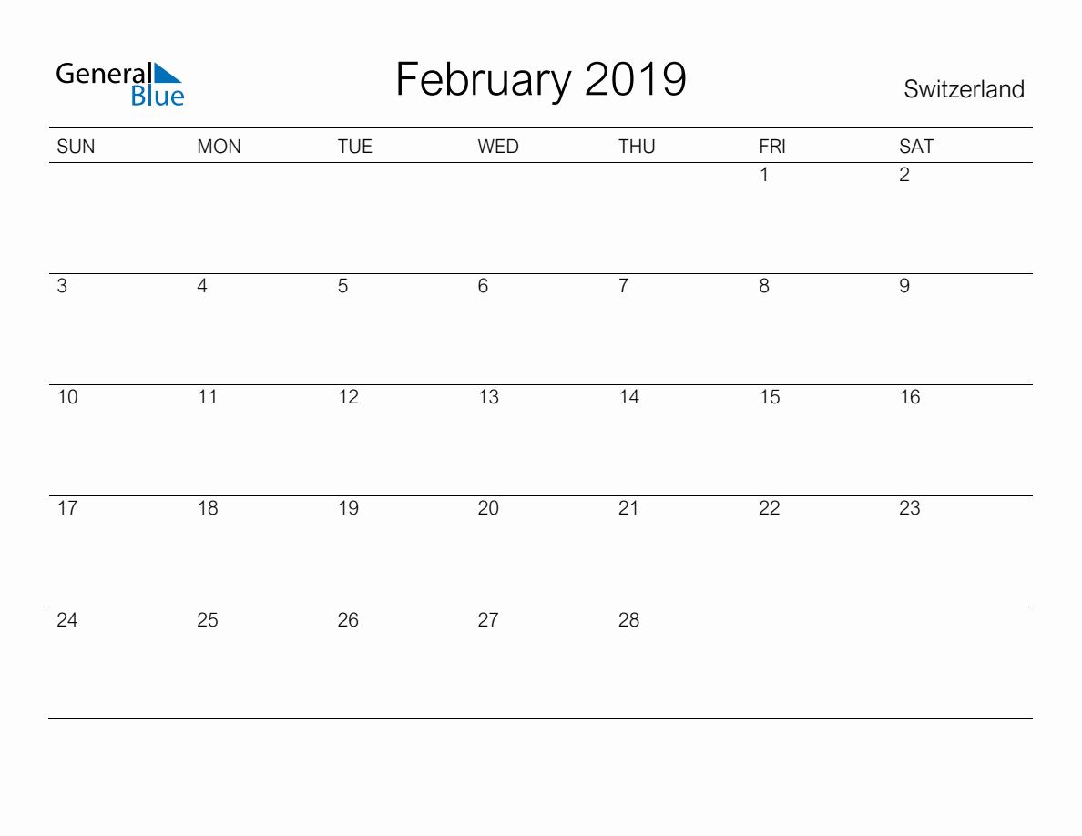 Printable February 2019 Monthly Calendar with Holidays for Switzerland