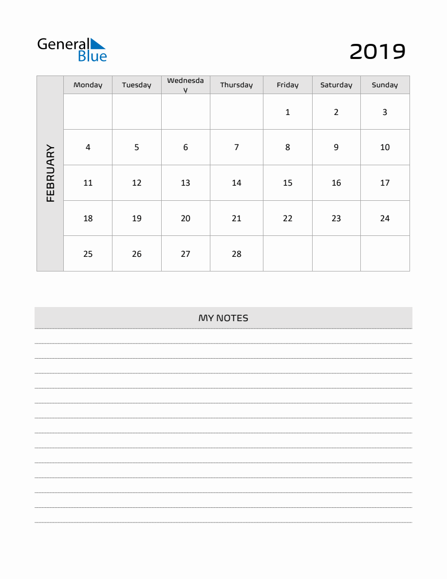 February 2019 Printable Monthly Calendar with Notes