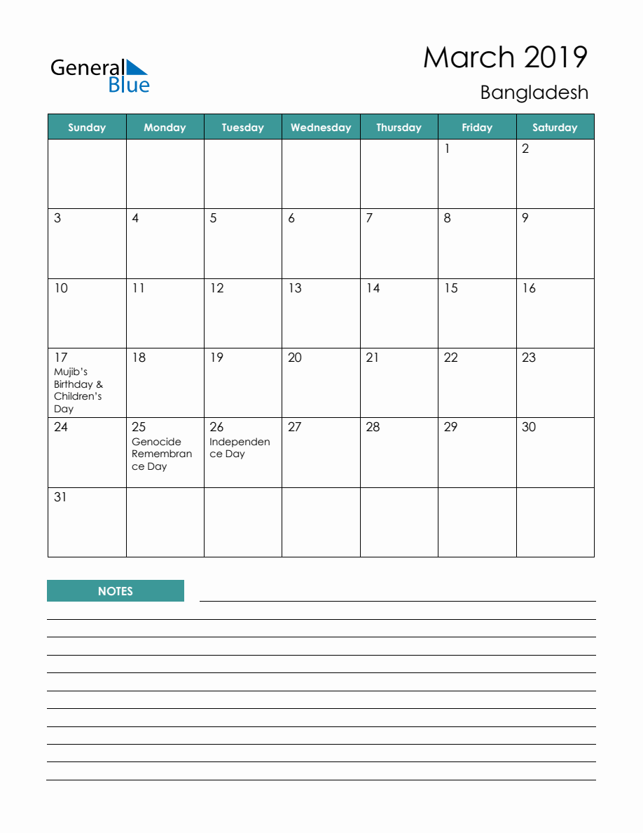 Monthly Planner with Bangladesh Holidays - March 2019