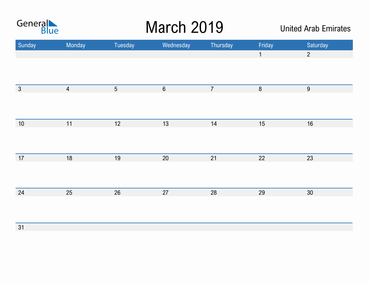 Editable March 2019 Calendar with United Arab Emirates Holidays