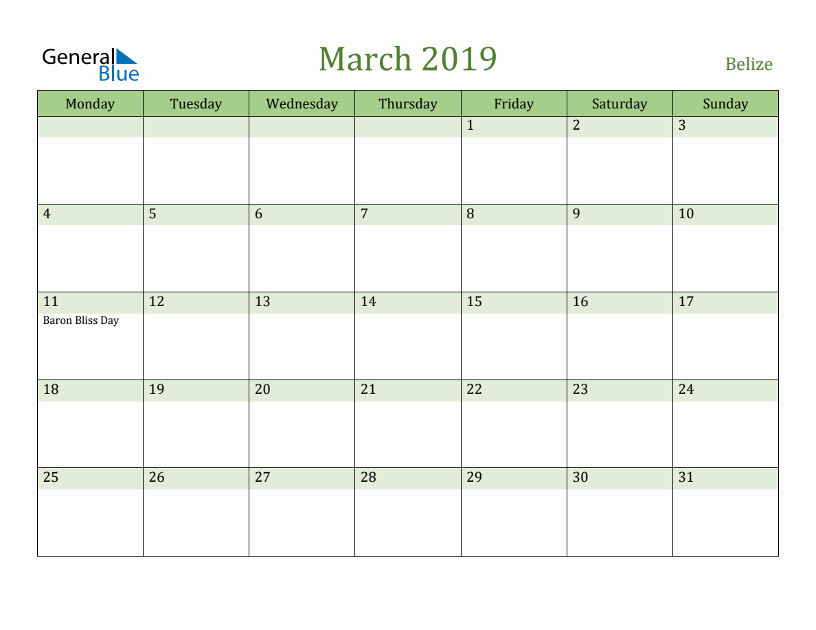 Fillable Holiday Calendar for Belize - March 2019