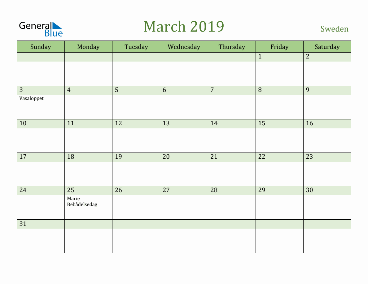 Fillable Holiday Calendar for Sweden - March 2019