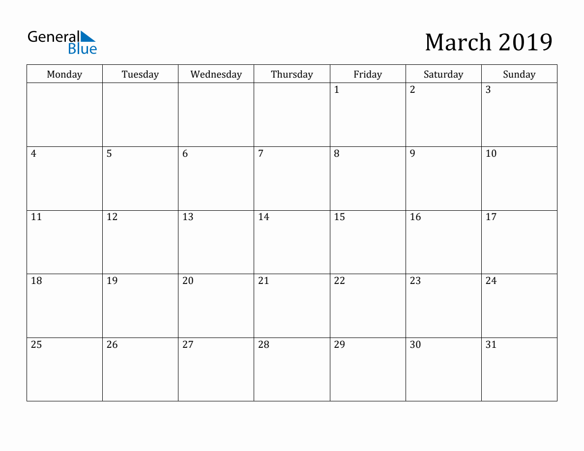 March 2019 Monday Start Calendar (PDF, Excel, Word)