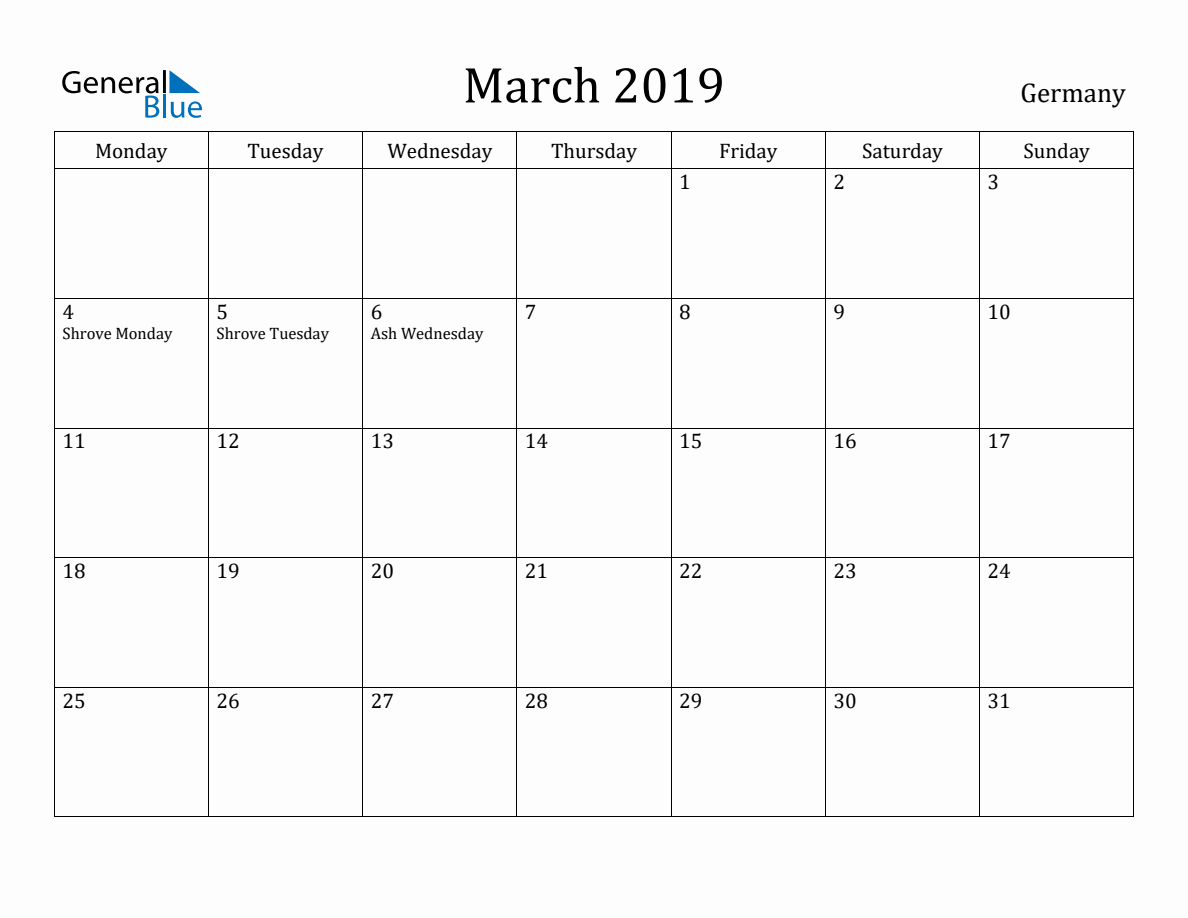 Germany Monthly Calendar - March 2019 (Monday Start)