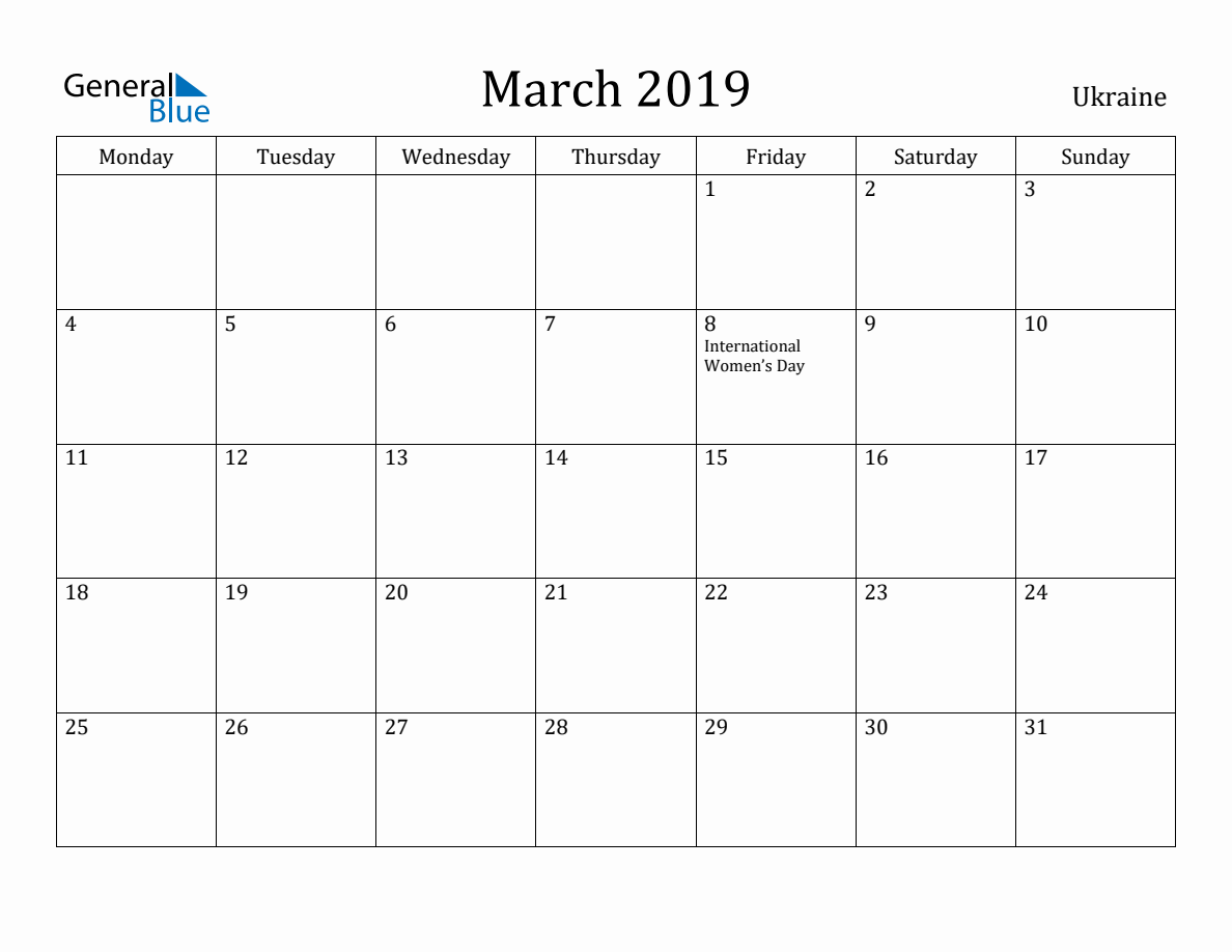 March 2019 Monthly Calendar with Ukraine Holidays
