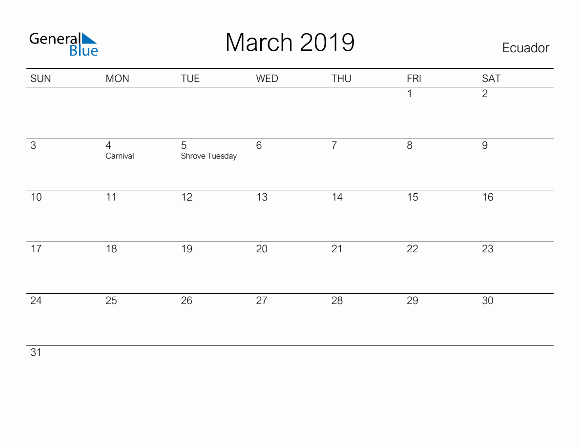 Printable March 2019 Monthly Calendar with Holidays for Ecuador