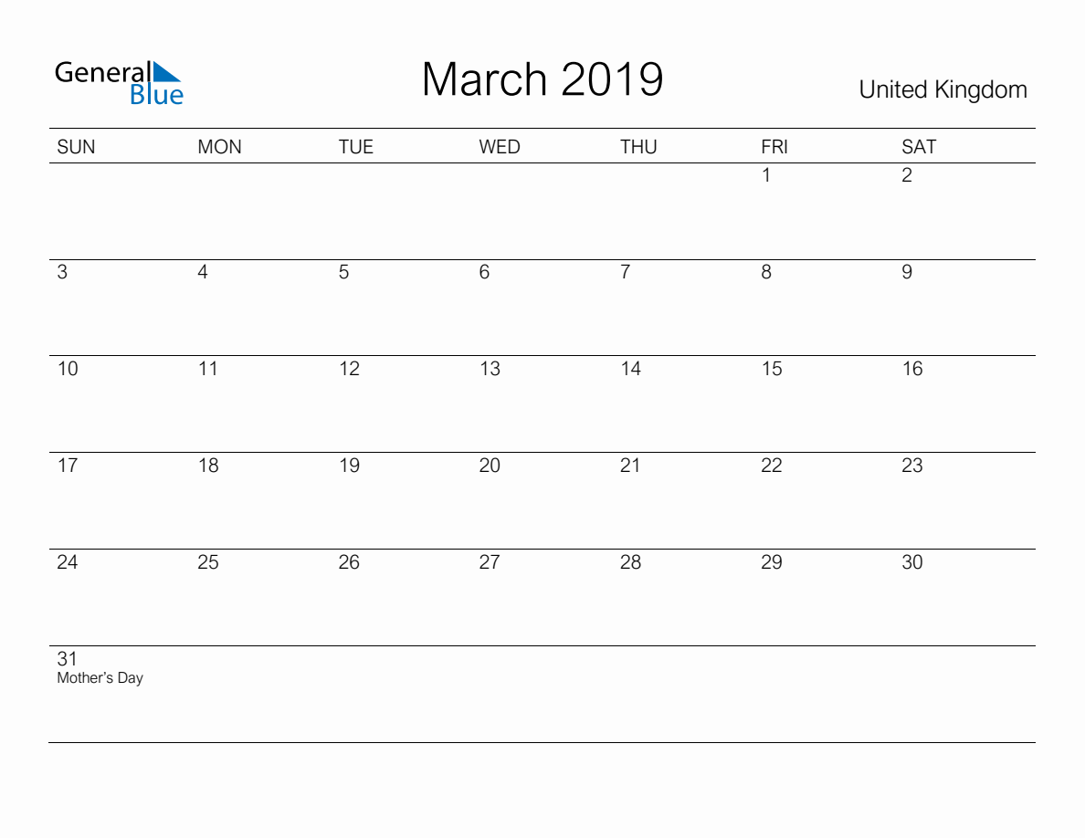 Printable March 2019 Monthly Calendar with Holidays for United Kingdom
