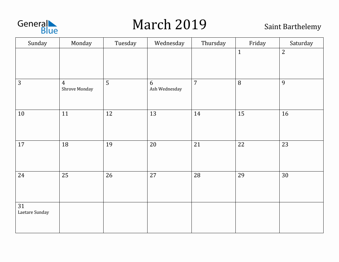 March 2019 Monthly Calendar with Saint Barthelemy Holidays