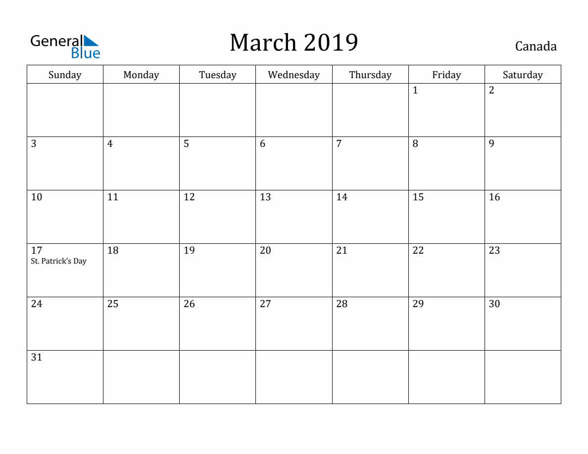 March 2019 Monthly Calendar with Canada Holidays