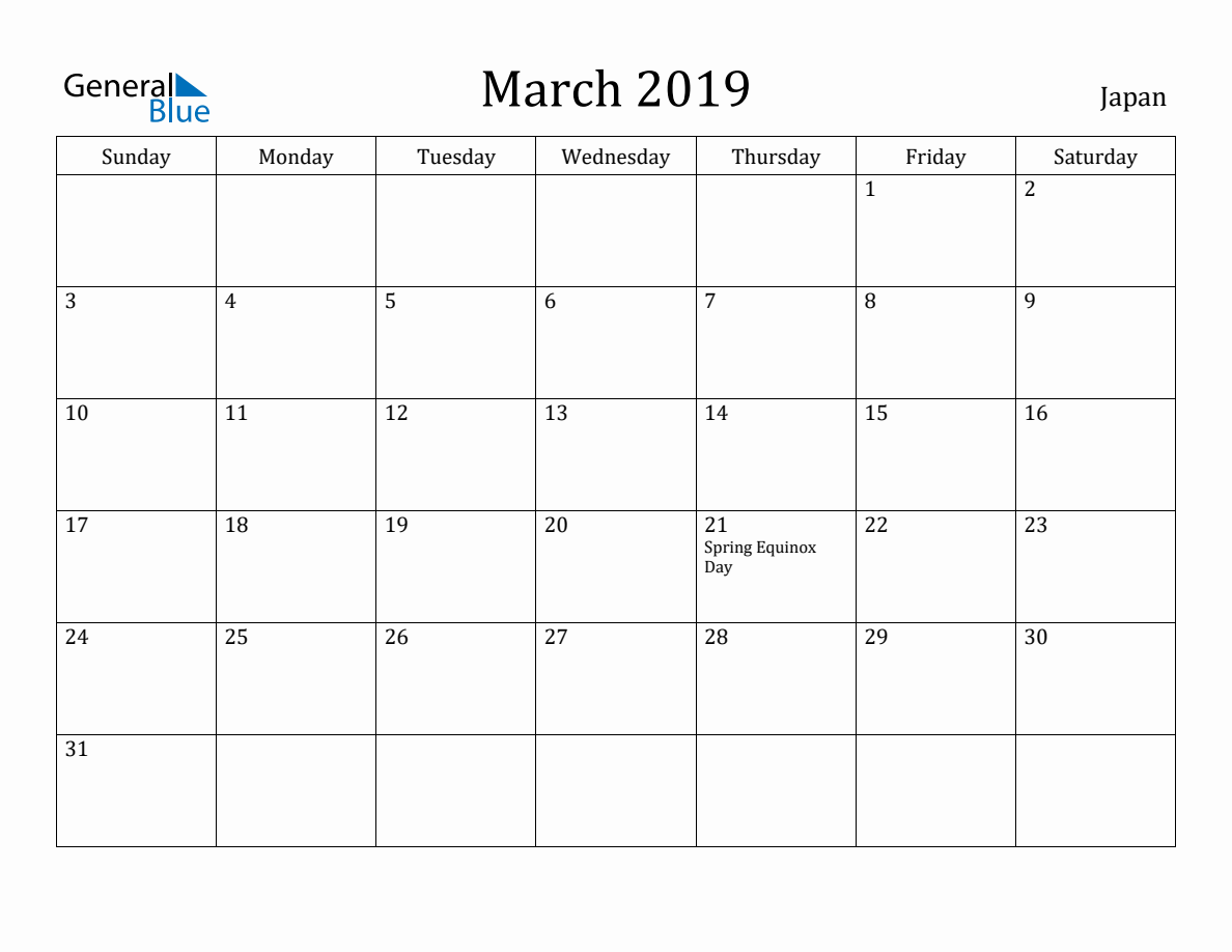March 2019 Monthly Calendar with Japan Holidays