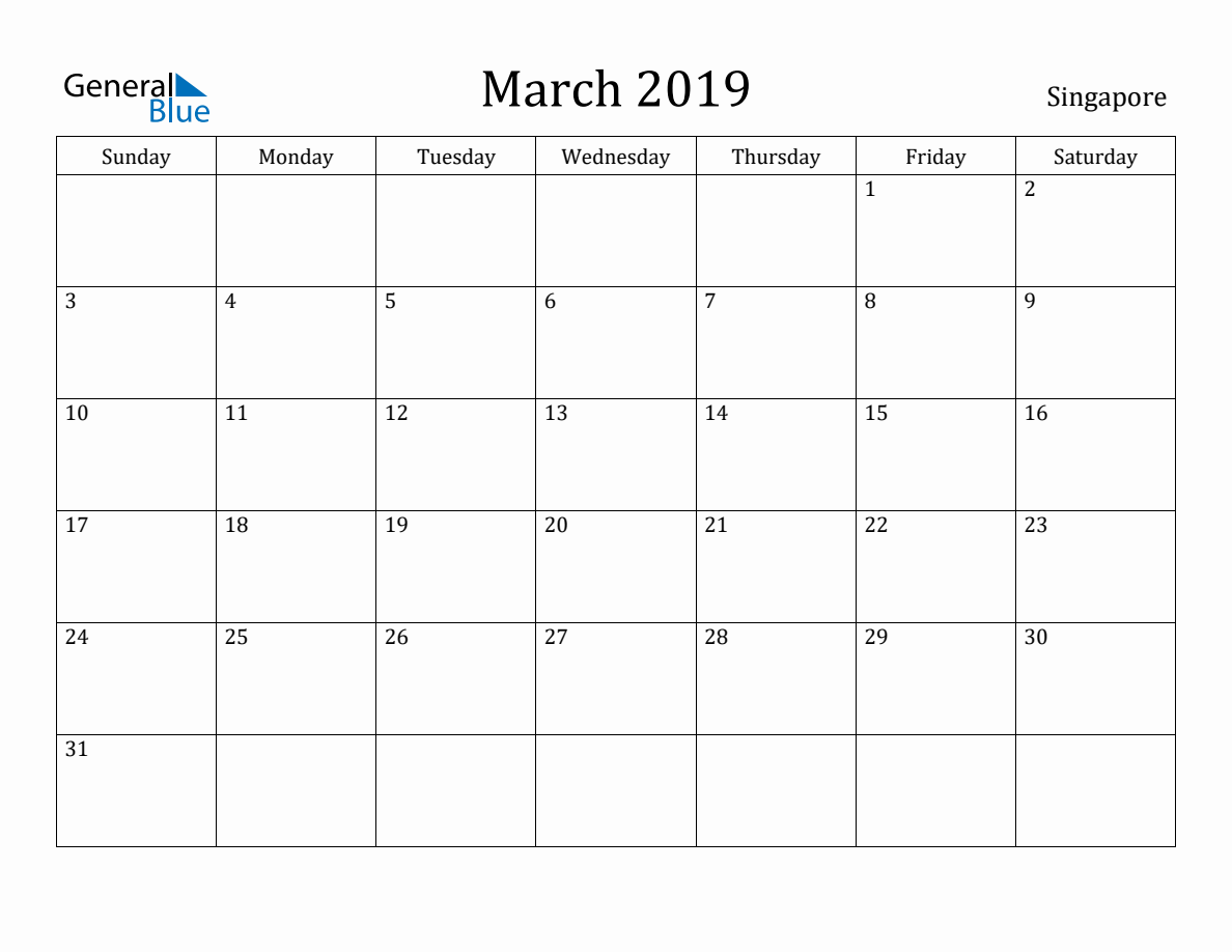 March 2019 Monthly Calendar with Singapore Holidays