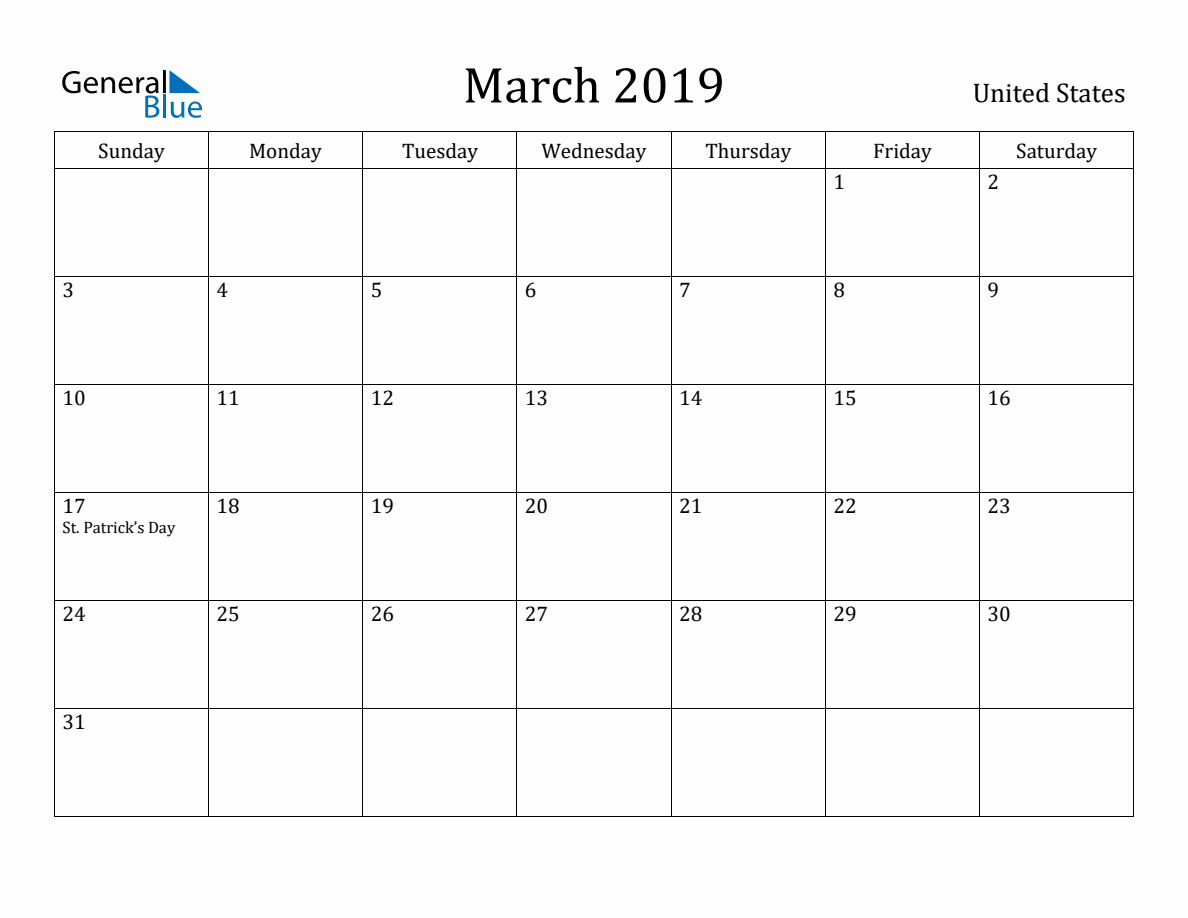 March 2019 Monthly Calendar with United States Holidays