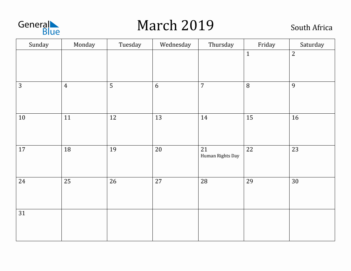 March 2019 Monthly Calendar with South Africa Holidays