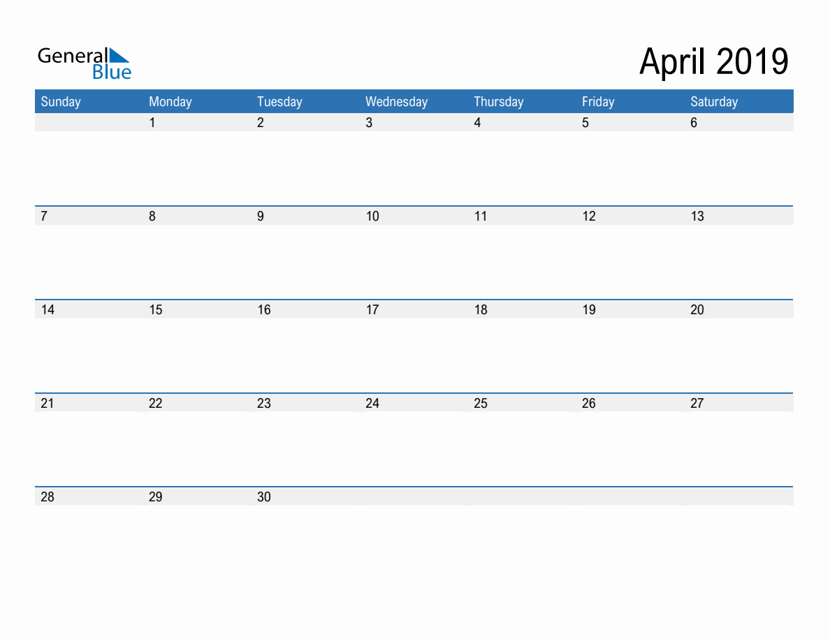 April 2019 Monthly Calendar (PDF, Word, Excel)