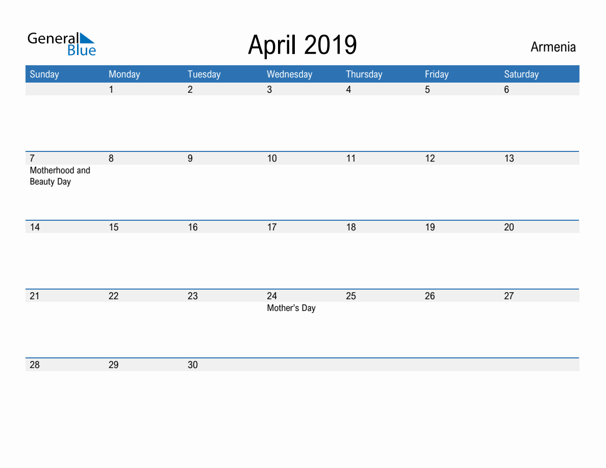 Editable April 2019 Calendar with Armenia Holidays