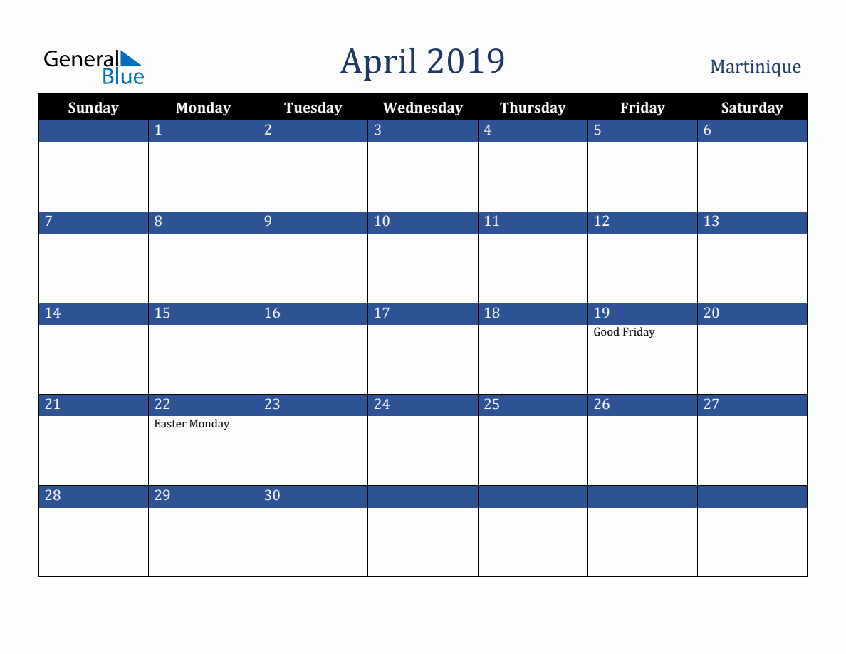 April 2019 Martinique Holiday Calendar