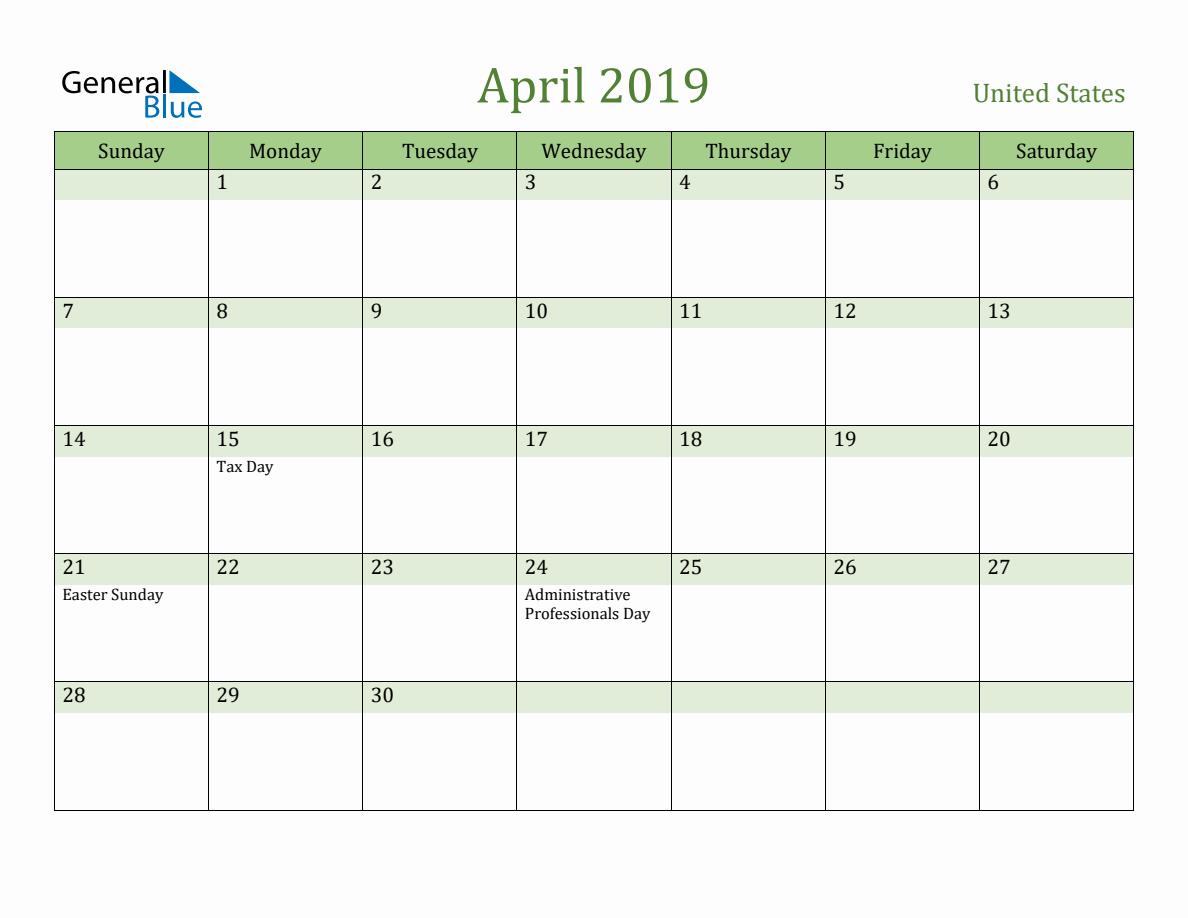 Fillable Holiday Calendar for United States - April 2019