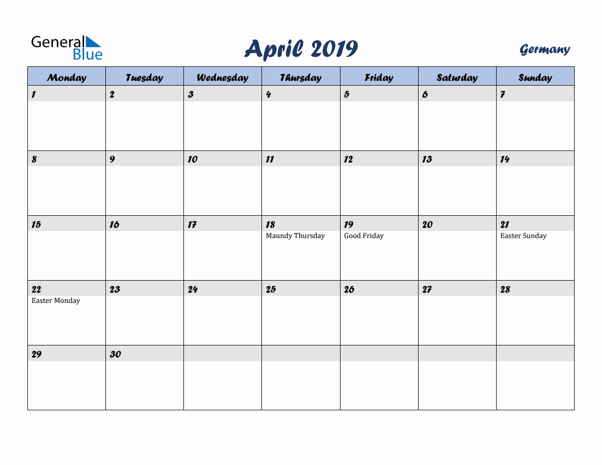 April 2019 Monthly Calendar Template with Holidays for Germany (Monday ...