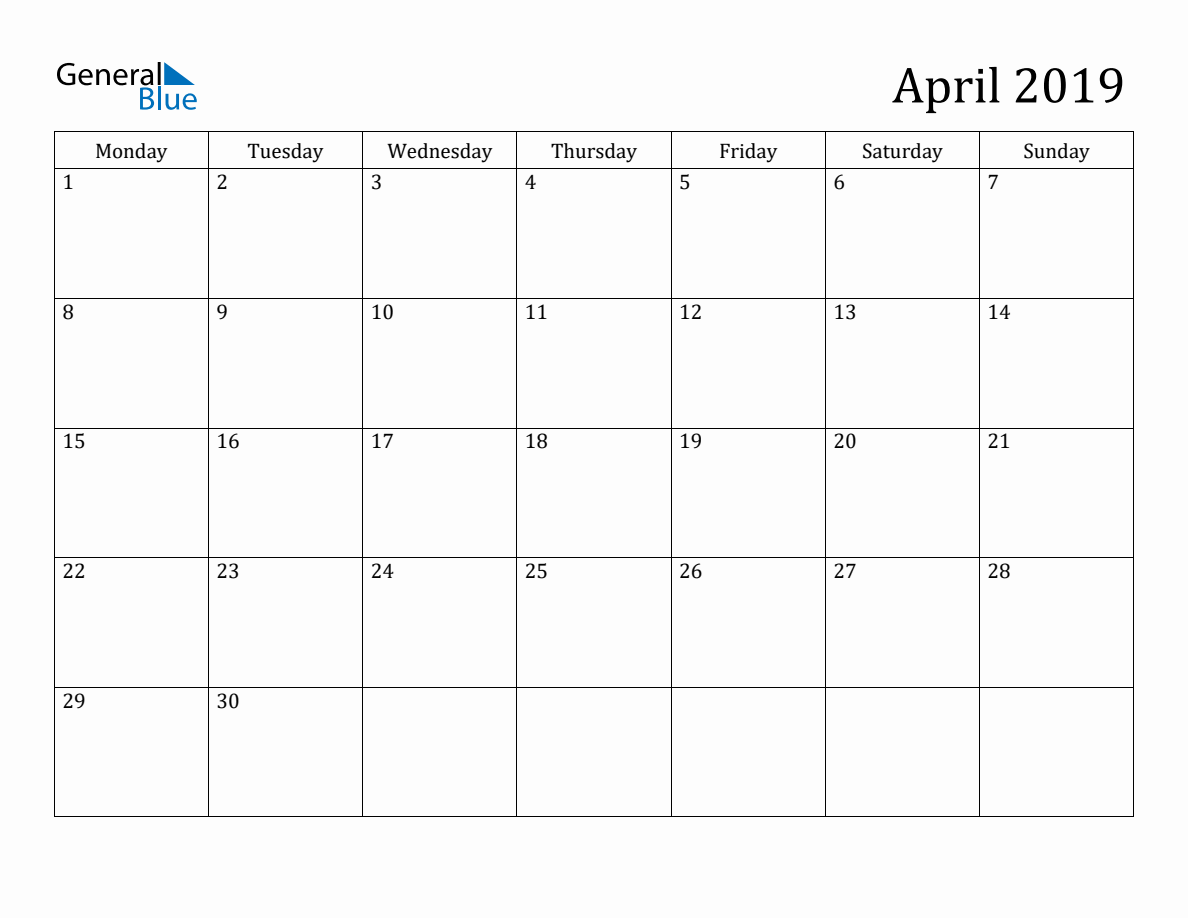 April 2019 Monday Start Calendar (PDF, Excel, Word)