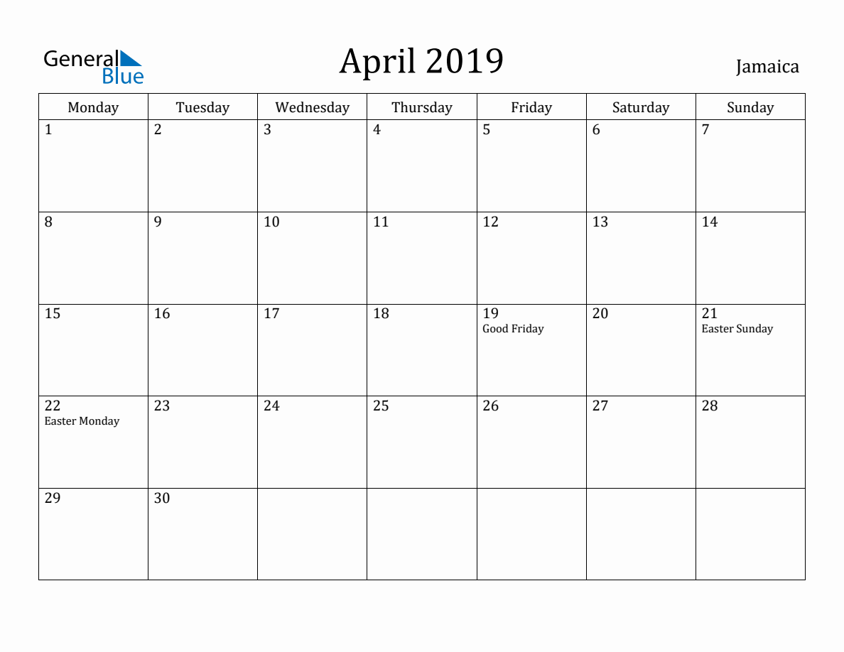 Jamaica Monthly Calendar - April 2019 (Monday Start)