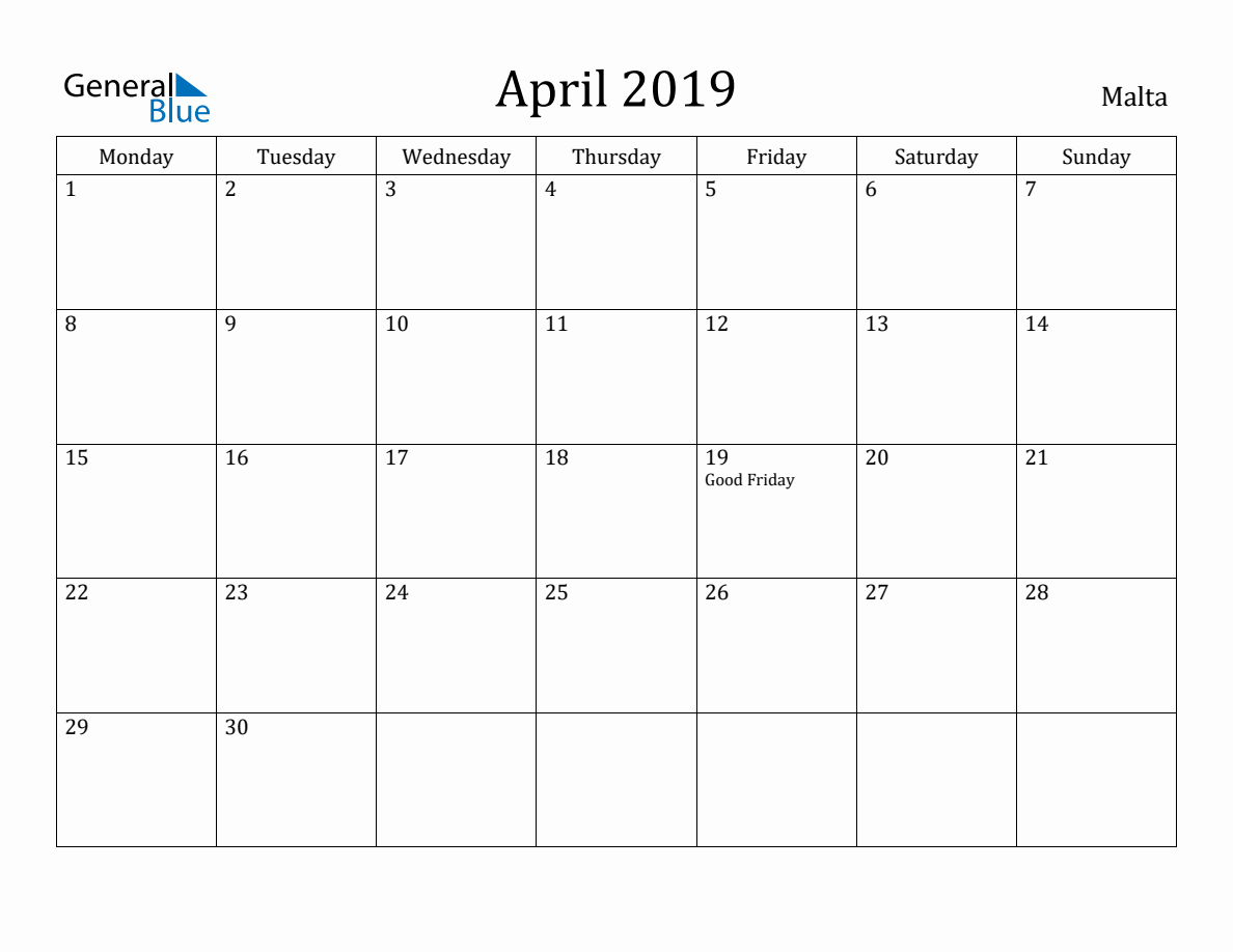 Malta Monthly Calendar - April 2019 (Monday Start)