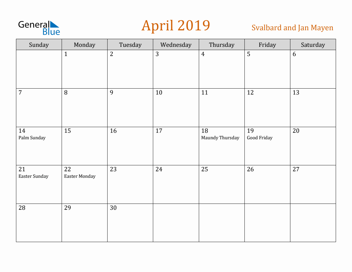 Free April 2019 Svalbard and Jan Mayen Calendar