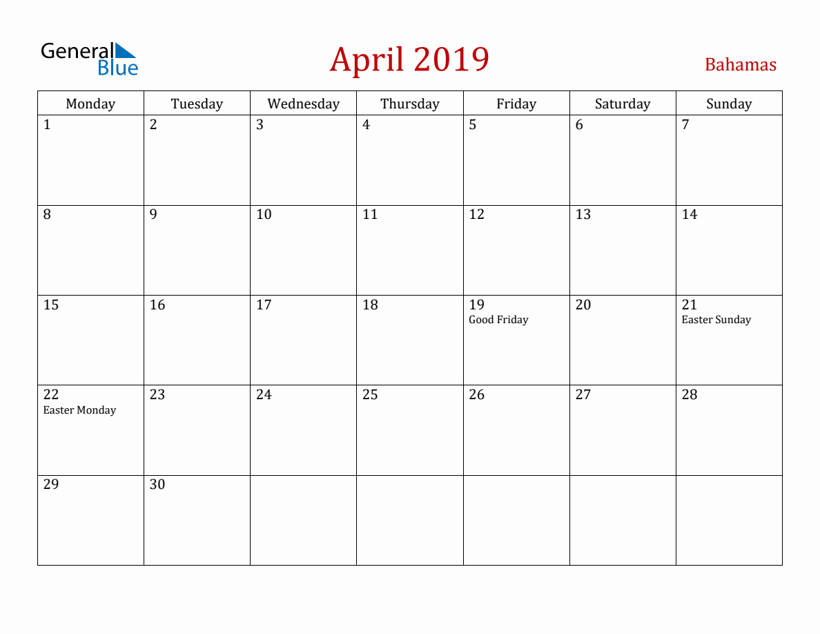 April 2019 Bahamas Monthly Calendar with Holidays (Monday Start)