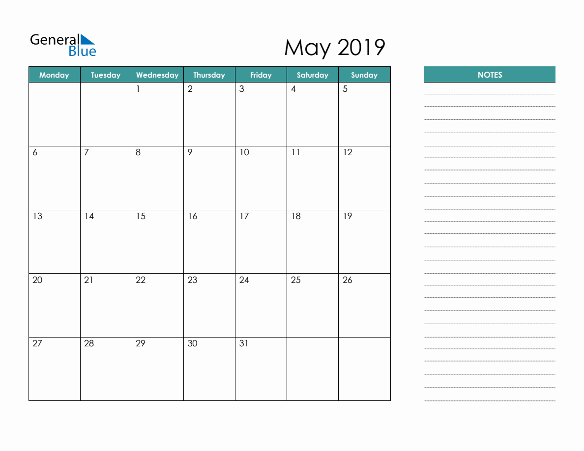 May 2019 Calendar Planner with Notes - Monday Start