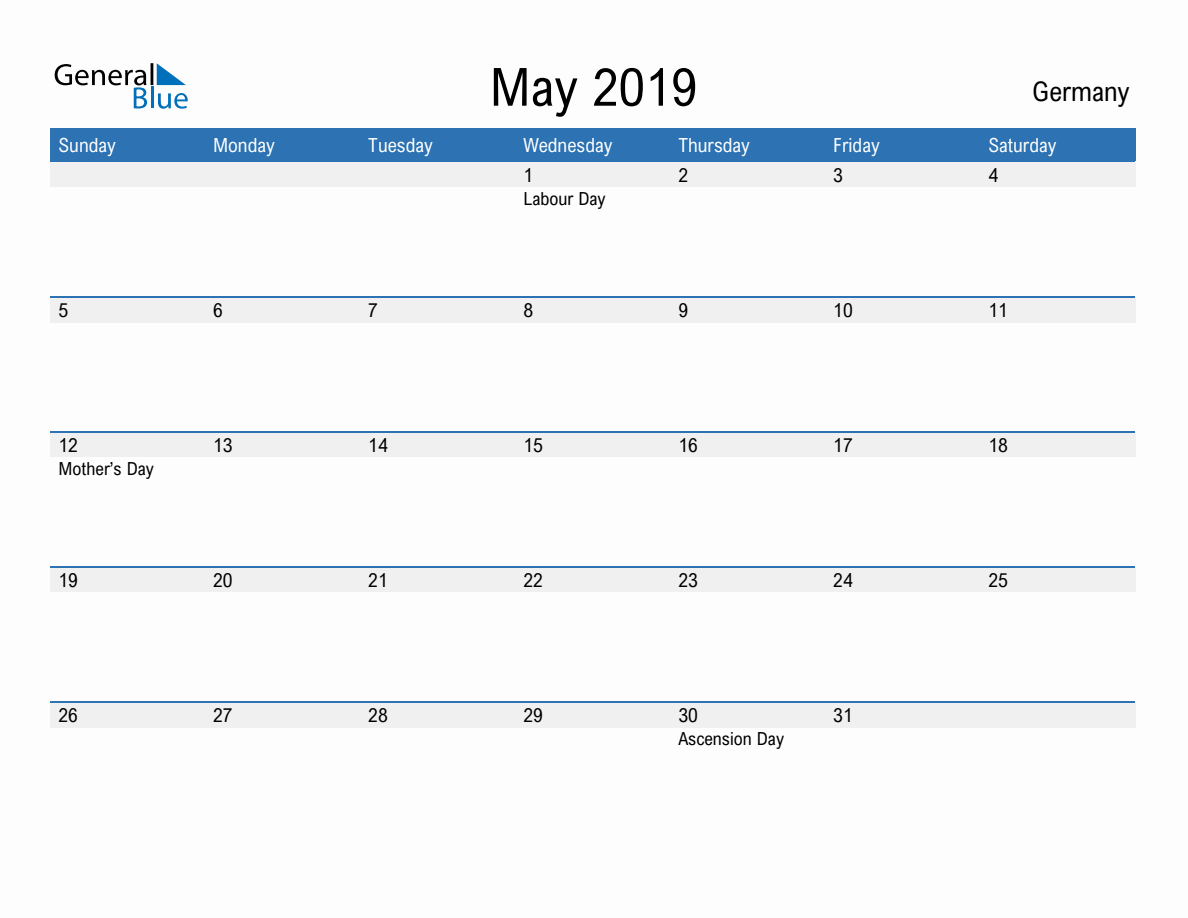 May 2019 Monthly Calendars with Germany Holidays