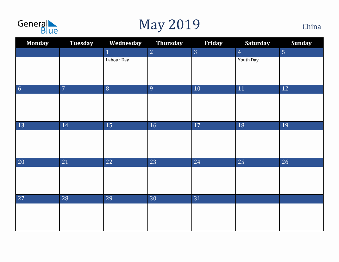 May 2019 China Holiday Calendar (Monday Start)