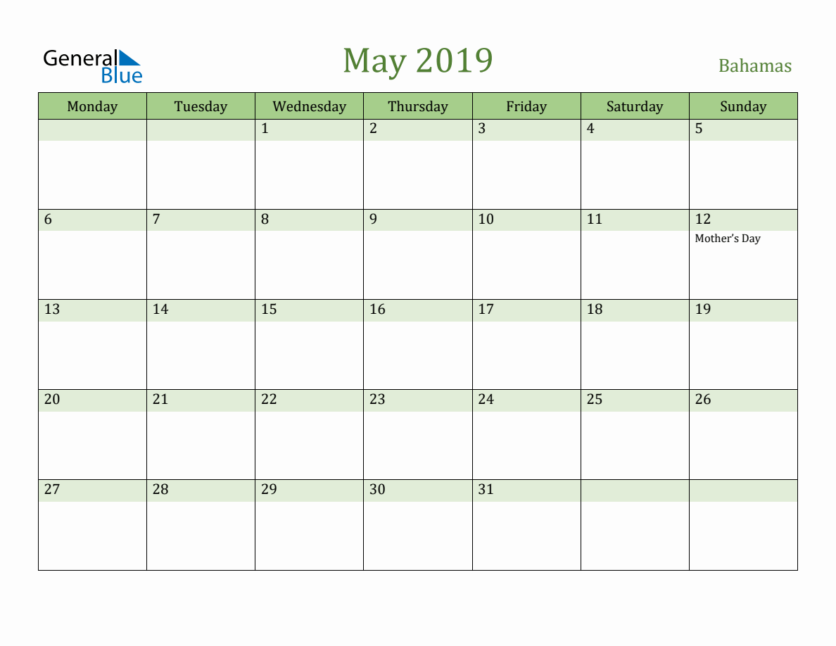 Fillable Holiday Calendar for Bahamas - May 2019