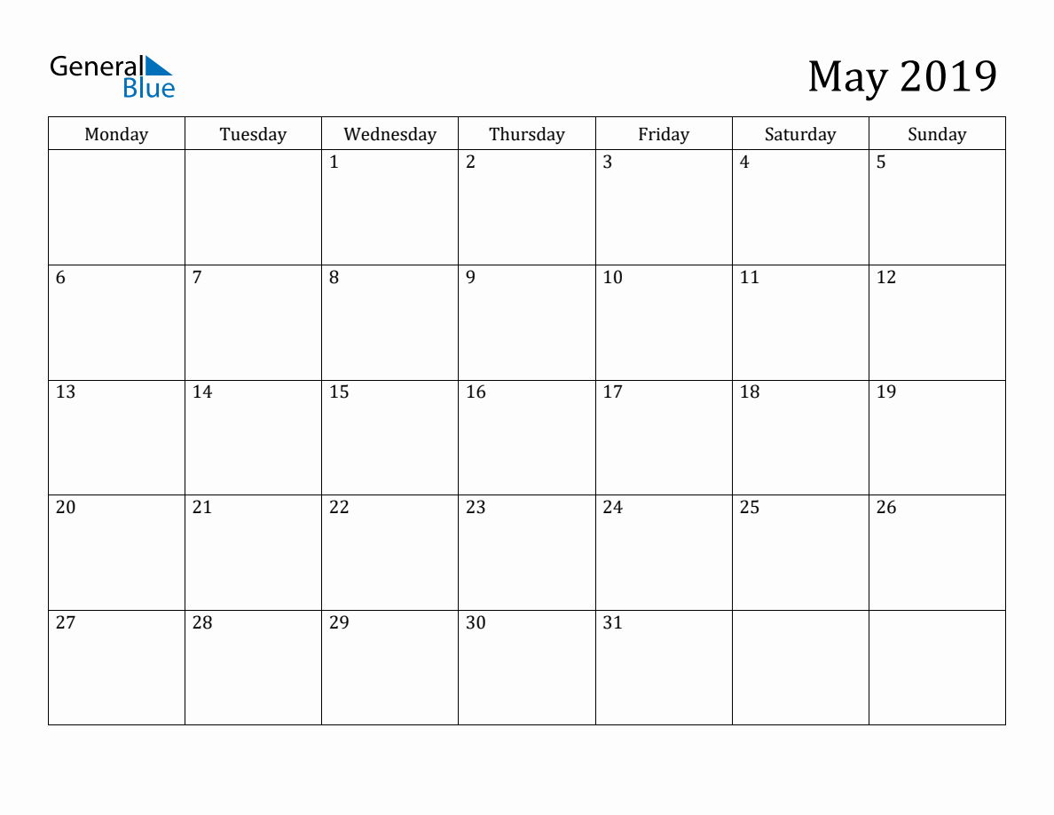 May 2019 Monthly Calendar - Monday Start